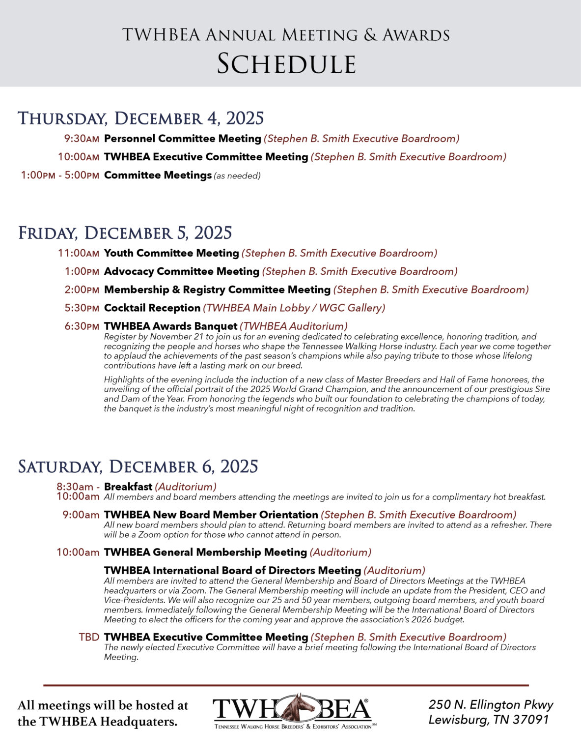 2025 TWHBEA Annual Dec. Meeting & Awards Banquet Schedule – TWHBEA